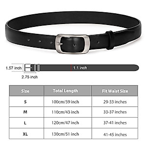 XZQTIVE Women Leather Belts for Jeans Pants, Black/Brown Waist Dress Belts with Gold/Silver Buckles, Fit Sizes S to XL, Black Belt with Silver Buckle, Fit Waist Size 33-37 inches