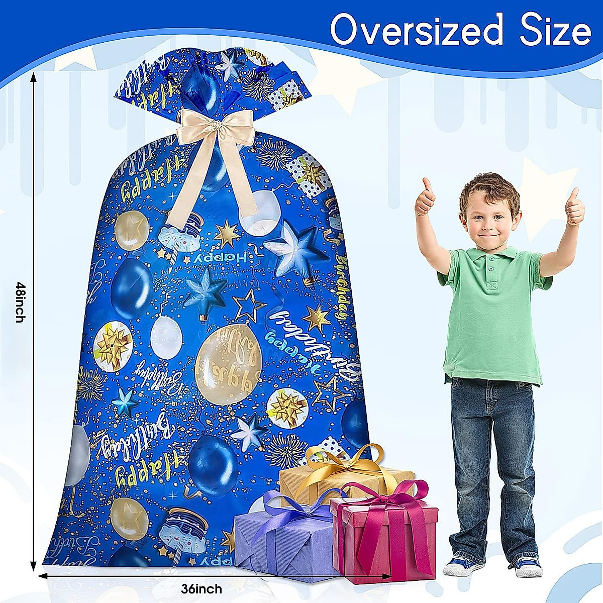 Extra Large Jumbo Giant Huge Gift Bag Blue Plastic Oversized Present Wrapping Bag (48" 1Pack) for Boys Men and Kids