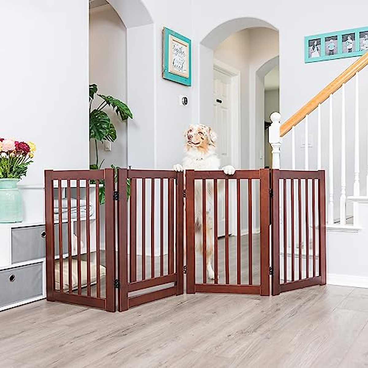 Primetime Petz 360 Configurable Dog Gate with Door – Indoor Freestanding Walk Through Wood Pet Gate,Walnut