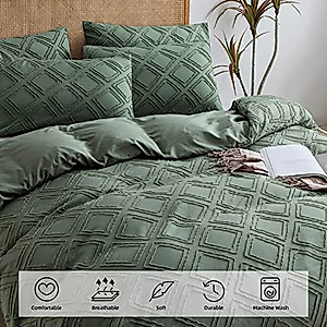 JELLYMONI Green Duvet Cover Set Queen Size - Microfiber Tufted, Boho Textured, Jacquard Rhombus Geometric Pattern Duvet Cover with Corner Ties & Zipper Closure