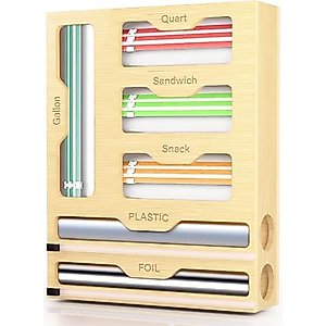 KOCWELL Bag Organizer and Plastic Wrap Dispenser with Cutter, 6 In 1 Bamboo Foil and Plastic Wrap Organizer for Kitchen Drawer, Food Storage Bag Organizer for Gallon,Quart,Sandwich,Snack(Beige)