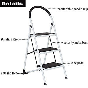 KARMAS PRODUCT Folding 3 Step Ladder Portable Steel Step Stool Wide Platform with Handgrip for Kitchen Home 330lb Capacity