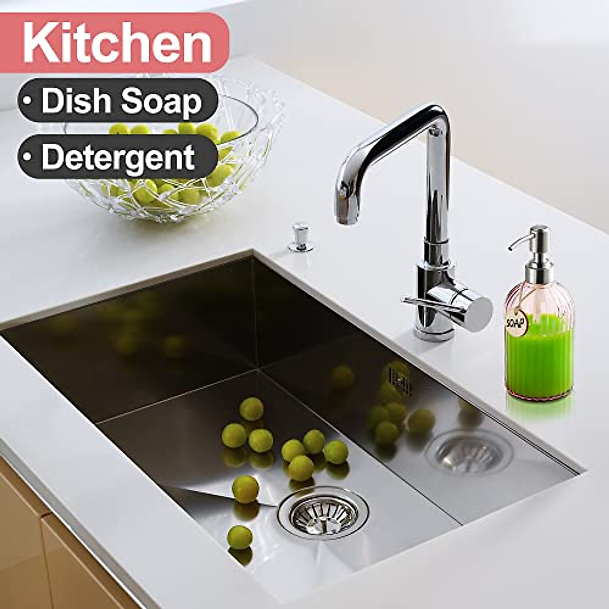 MOCLIF 16OZ Fashion Stripe Clear Glass Refillable Soap Dispenser with 304 Stainless Steel Pump Premium Soap Dispenser， for Kitchen, Bathroom, Hand Sanitizer, Liquid Soap, Lotion, etc. (Clear Pink)