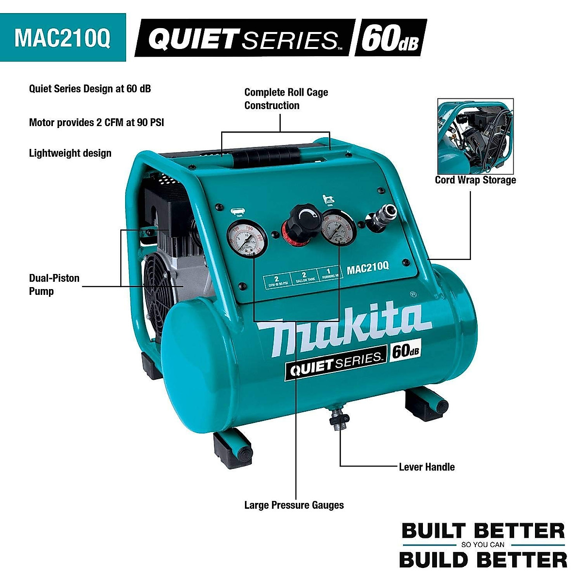 Makita MAC210Q-R Quiet Series 1 HP 2 Gallon Oil-Free Hand Carry Air Compressor (Renewed)