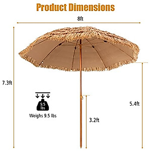 TANGKULA 8 FT Thatched Patio Umbrella, Hawaiian Style Grass Beach Umbrella with 8 Ribs, Portable Outdoor Tropical Palapa Tiki Umbrella for Beach Patio Garden Pool (8 FT)