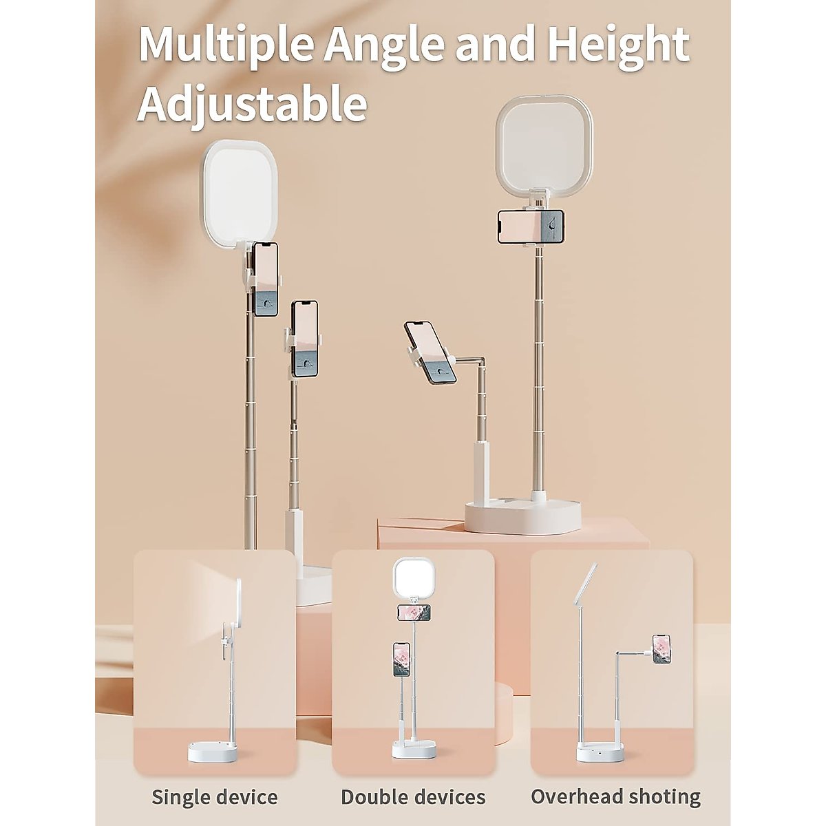 Viozon Extendable Selfie Stand,Height&Angle Adjustable,Overhead 360° Rotate,2 Phone Holders,Rechargeable Wireless Foldable 15 Brightness LED Light for Live Streaming/YouTube/Tiktok/Video/Makeup