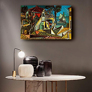 Picasso Famous Mediterranean Landscape Poster Canvas Wall Art for Living Room Decor Pictures Aesthetic Pictures for Kitchen Print Painting Artwork Bathroom Decorations Wall Bedroom Canvas Modern (36x24inch(90x60cm),Framed)