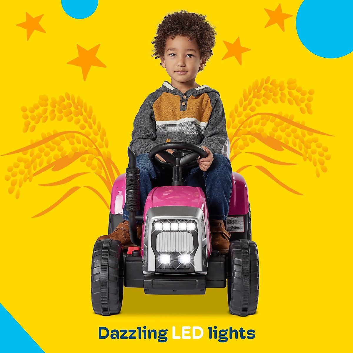 Kidzone 12V 7AH Treaded Tires with Dual 25W Motors Remote Control Battery Powered Electric Tractor with Trailer Toddler Ride On Toy with 3-Gear-Shift 7-LED Lights, MP3 Audio - Pink