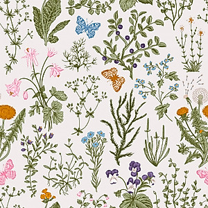 VEELIKE 17.7''x118'' Botanical Herbs Floral Wallpaper Mural Vintage Butterfly Wildflowers Floral Peel and Stick Wallpaper Removable Self Adhesive Decorative Contact Paper for Bathroom Walls Cabinets
