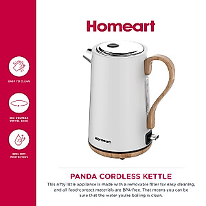 Homeart Panda Cordless Electric Kettle with Wood Detail - Stainless Steel With Removable Filter, Fast Boiling and Auto Shut-off - 1.7L Capacity, White