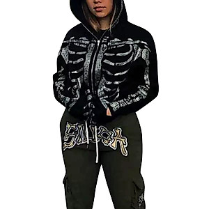 Kaipiclos Mens Womens Zip Up Hoodies Oversized Rhinestone Skeleton Hoodie Sweatshirt Jacket 90s Harajuku Halloween Streetwear