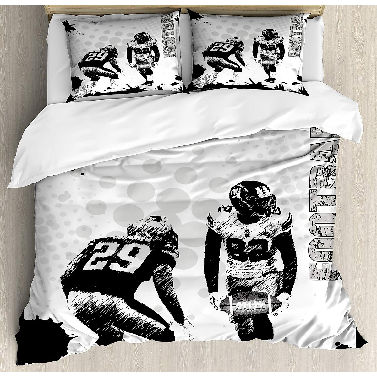 Ambesonne Sports Duvet Cover Set, Grungy American Football Image International Team World Cup Kick Play Speed Victory, Decorative 3 Piece Bedding Set with 2 Pillow Shams, Queen Size, White Charcoal