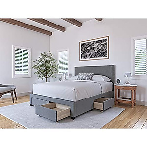 DG Casa Lucas Upholstered Platform Bed Frame with Storage Drawers Nailhead Trim Headboard and Full Wooden Slats, Box Spring Not Required-Queen Size in Grey Polyester Blend Fabric