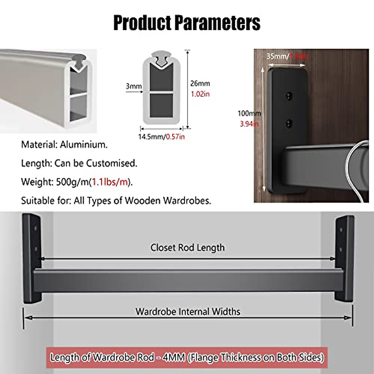 ZJKXJH Gray Closet Rod, Oval Wall Mounted Clothes Hanging Bar, Premium Aluminum No Rust Garment Rail Pole with Socket Set for Wardrobes, Cabinet, Laundry Room (Size : 150cm/59in)