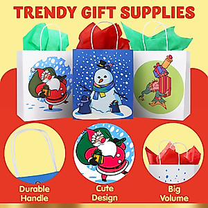 JOYIN 24 Christmas Kraft Paper Gift Bags with Handles Blue and White with Assorted Christmas Prints for Holiday Christmas Goody Bags, Xmas Gift Bags, School Classrooms and Party Favors