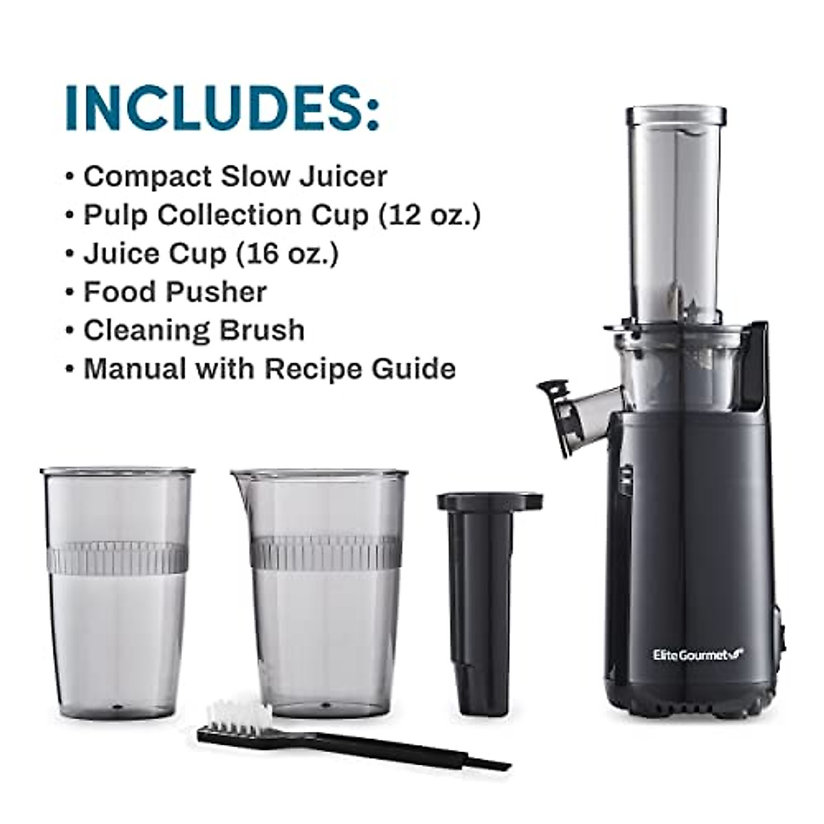 Elite Gourmet EJX600 Compact Small Space-Saving Masticating Slow Juicer, Cold Press Juice Extractor, Nutrient and Vitamin Dense, Easy to Clean, 16 oz Juice Cup, Charcoal Grey