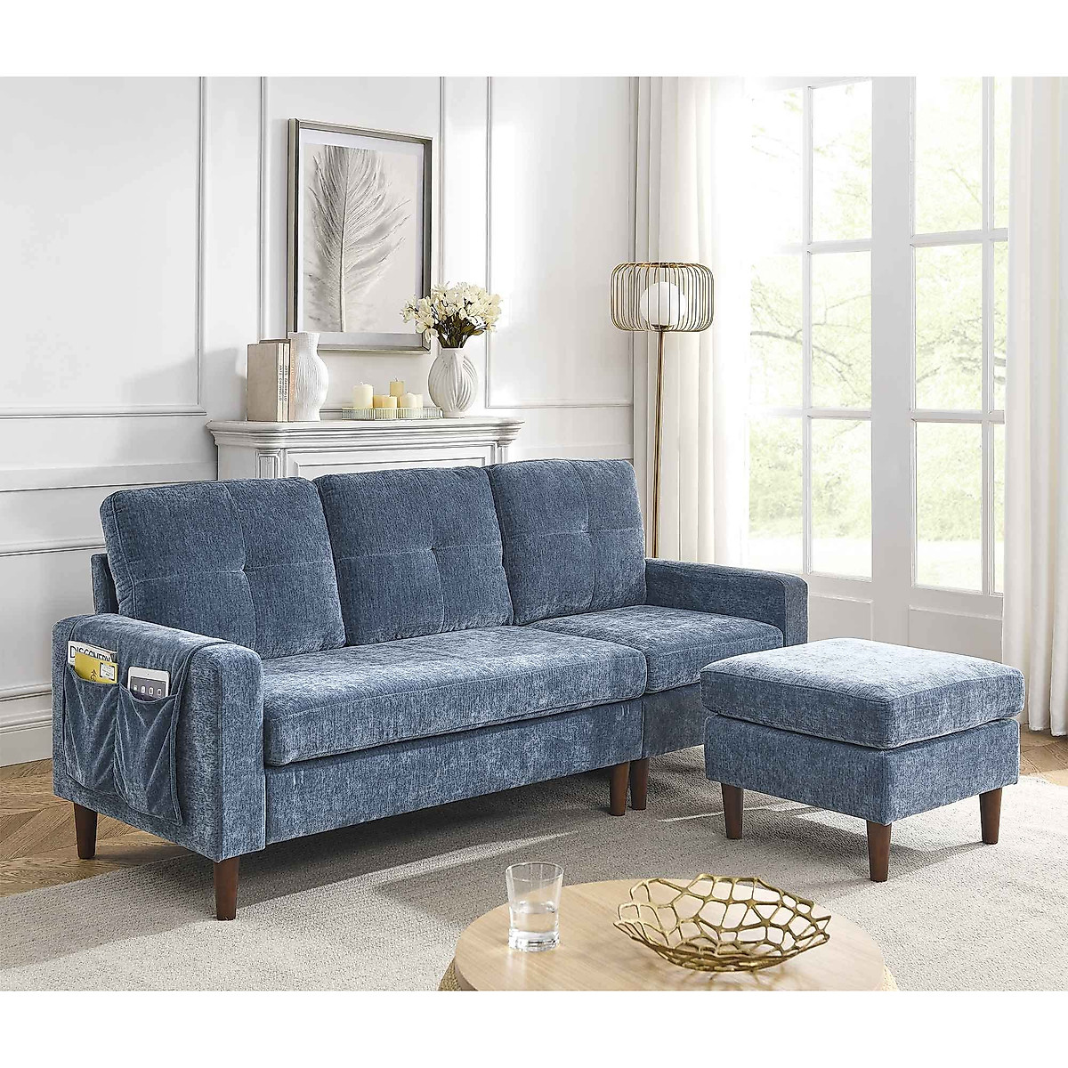 ATY Convertible Sectional Sofa with Removable Ottoman and Cushions, 3 Seats L-Shape Chenille Couch w/Pocket & Rubber Wood Legs, Perfect for Livingroom, Aapartment, Small Space, 80", Navy