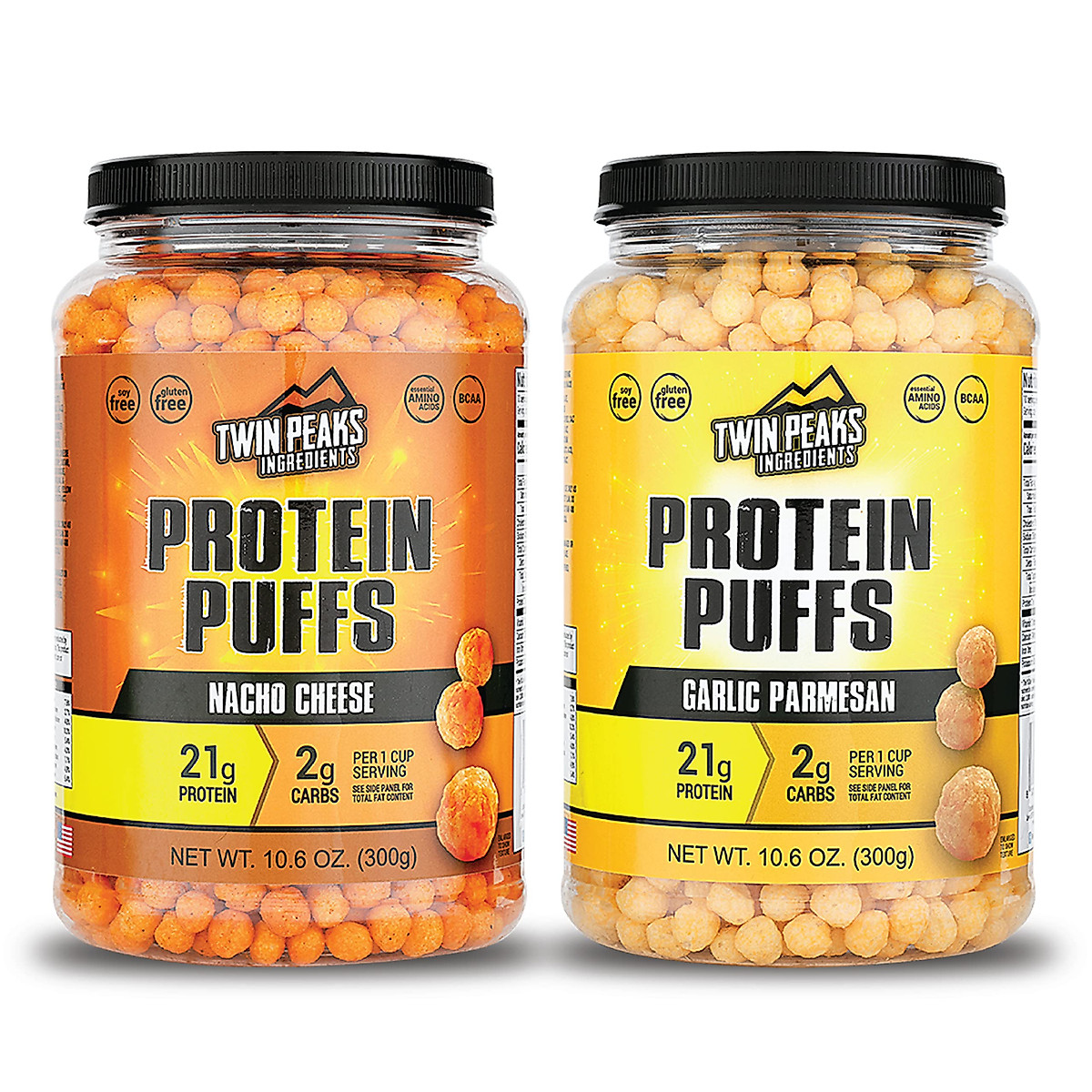 Twin Peaks Low Carb, Keto Friendly Protein Puffs, 1 Jug Garlic Parmesan Flavor Puffs + 1 Jug Nacho Cheese Flavor Puffs