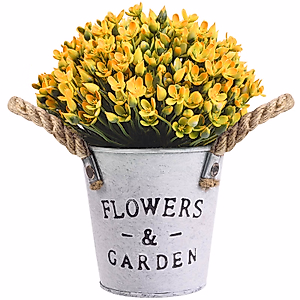 OUIVIAL Artificial Potted Plants - Medium Potted Plants Fake Plastic Flower Eucalyptus Leaves Plants with White Metal Basin for Home, Kitchen, Indoor Outdoor Decor. (Yellow Artificial Potted Plants)