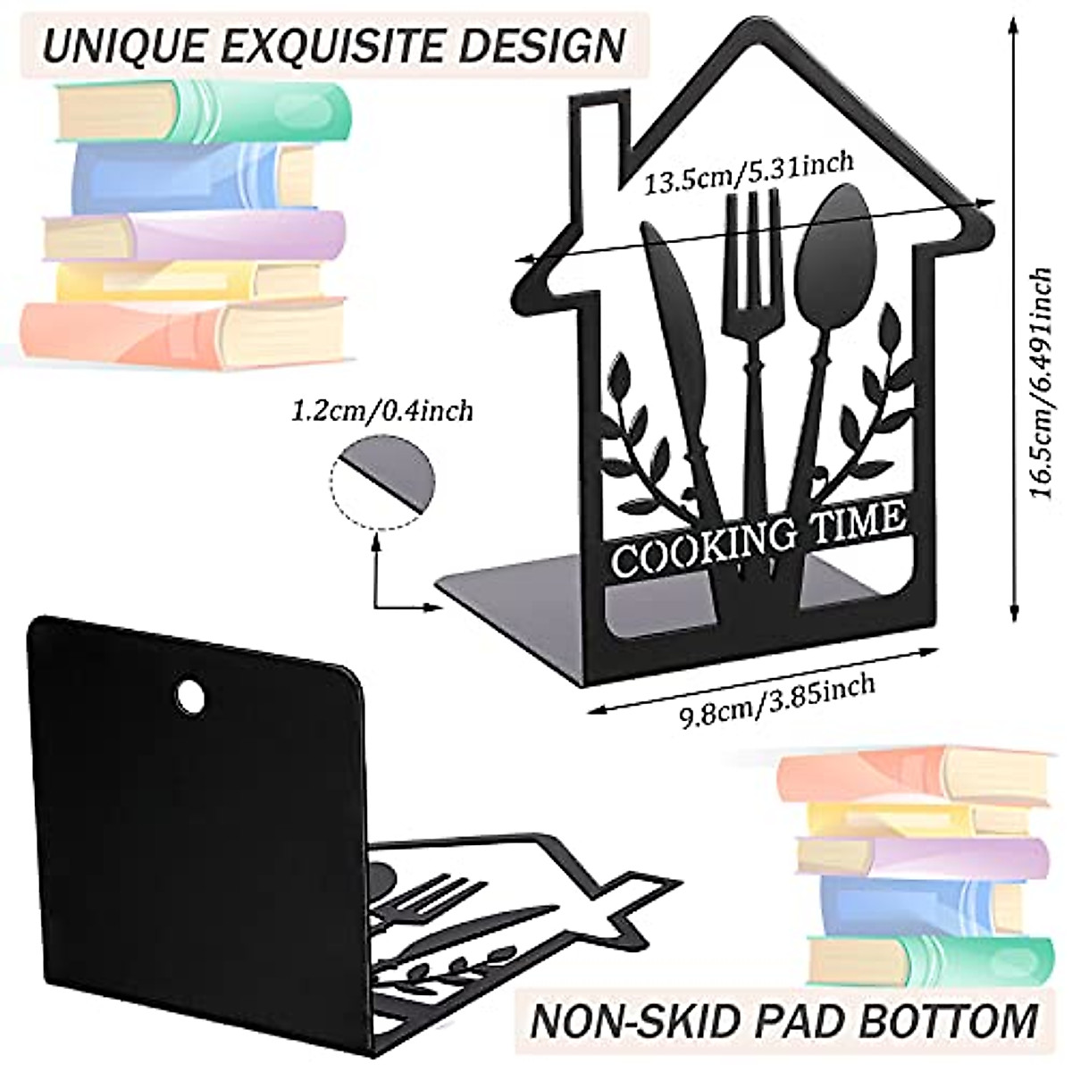 Hotop, Cookbook Bookends Fork Knife Spoon Decor Metal Bookends Supports Holders for Shelves Kitchen Book Cookbook Storage Cooking Time House Appearance Design Modern Functional Chef Housewarming