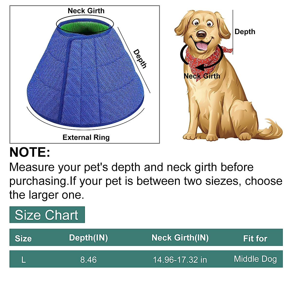 Dog Recovery Cone Collar After Surgery, Adjustable Soft Dog Cone Collar, Elizabethan Collar for Dogs Anti-Bite, Breathable Dog Cones for Dogs Anti-Lick Protective Wound(Neck:14.96-17.32")
