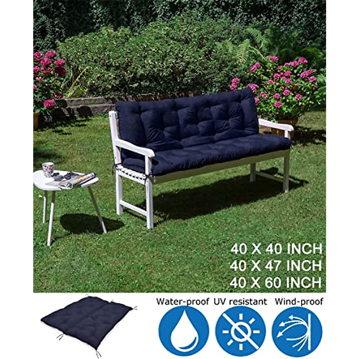Swing Cushion Replacement, Thick Garden Bench Seat Cushion with Backrest, Sofa Seat Cushion Cover, Waterproof Mattress for Indoor Outdoor Bench for 2-3 Seater (Navy Blue, 40 x 60 inch)