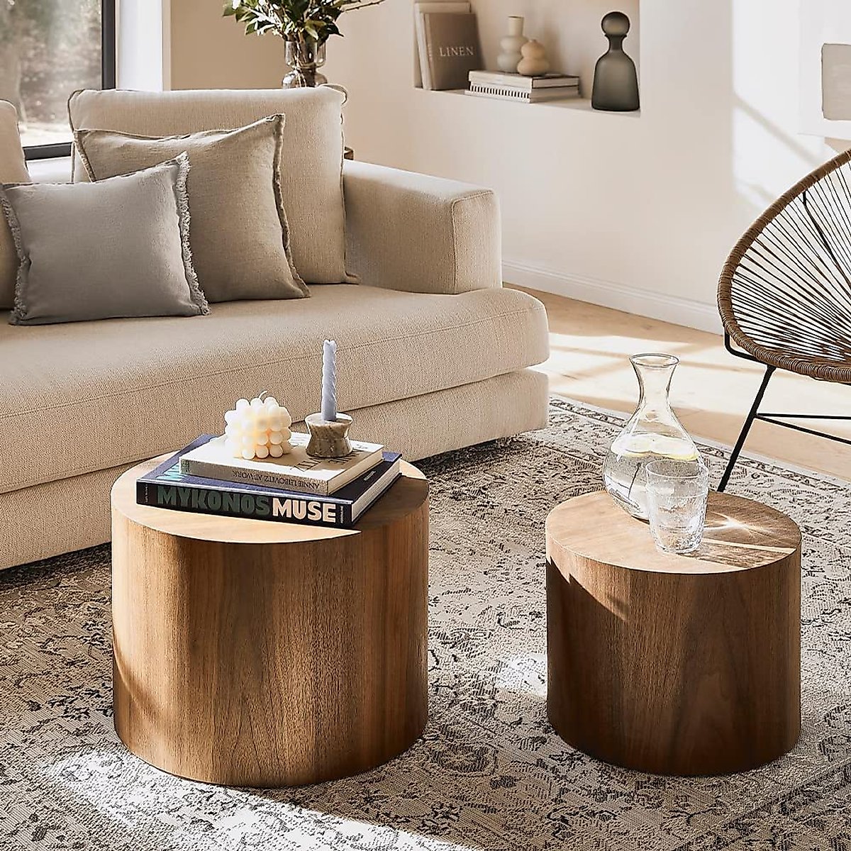 WILLIAMSPACE Nesting Coffee Table Set of 2, Walnut Round Wooden Coffee Tables Modern Circle Table for Small Space Living Room Bedroom Accent End Side Table (Walnut-Round)