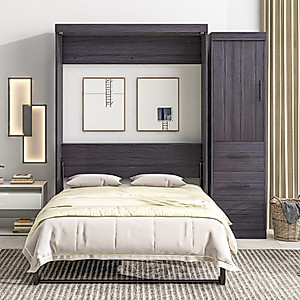 Harper & Bright Designs Murphy Bed Full with Wardrobe and Storage Drawers, Easy Fold Murphy Bed Cabinet, Modern Full Size Murphy Bed Wall Bed for Multipurpose Guest Room Home Office,Grey