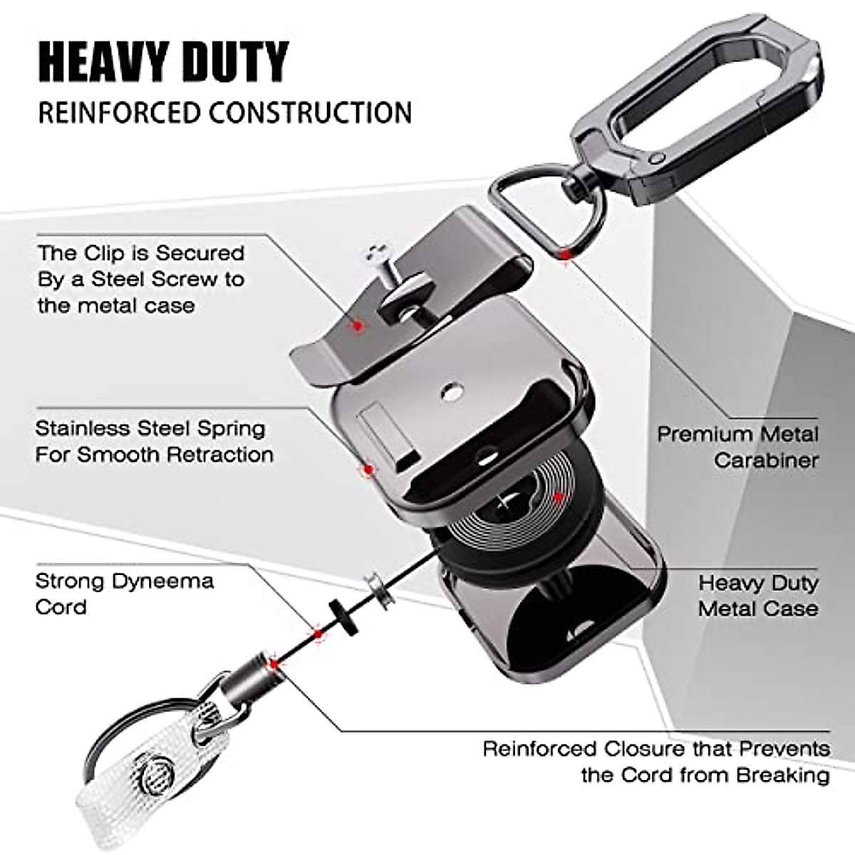 ELV Retractable ID Badge Holder, Heavy Duty Metal Body and Upgraded Dyneema Cord, Carabiner Key Chain Metal Keychain with Belt Clip and 31 inch Wire Extension, Hold Up to 15 Keys and Tools