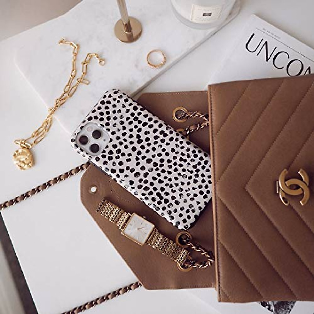 BURGA Phone Case Compatible with iPhone 12 PRO - Hybrid 2-Layer Hard Shell + Silicone Protective Case -Black Polka Dots Pattern Nude Almond Latte - Scratch-Resistant Shockproof Cover