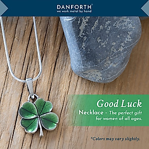 DANFORTH Four Leaf Clover/Shamrock Green Necklace, Handcast Pewter Pendant, 18 Inch Sterling Chain, Made In USA