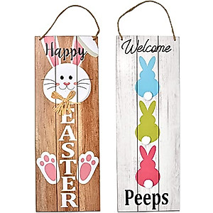 Spring Easter Welcome Sign Set of 2 for Front Door Wall Signs Hanging Wood Double Sided Spring and Happy Easter Farmhouse Indoor Outdoor Rustic Decoration Porch & Yard Party Supplies Decor 17"x 6"