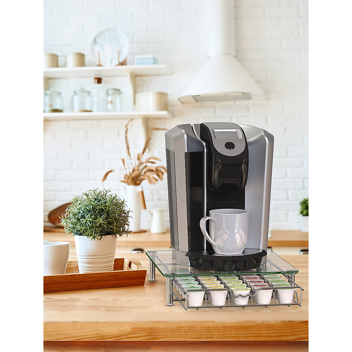 Deco Brothers Crystal Tempered Glass K-Cup Holder Drawer for 30 Coffee Pods Storage, Chrome