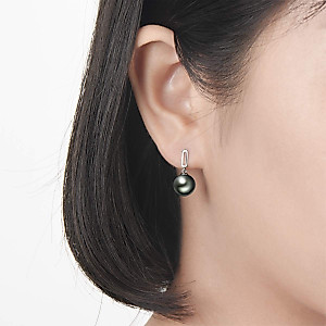 DENGGUANG 18K Gold Tahitian Black Pearl Stud Dangle Earrings 8-9mm Genuine Tahiti Cultured Pearls Drop Dangle Earrings, Mothers Day Gifts for Mom - White Gold