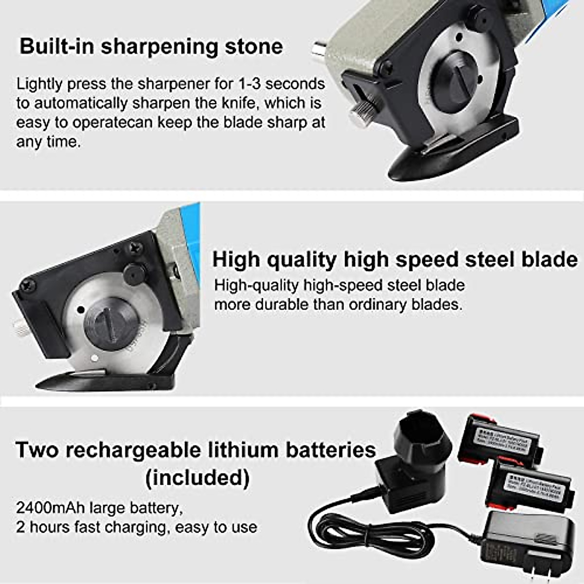 RESHY Portable Electric Cordless Rotary Fabric Cutter with 50mm Rotary Blade Rechargeable Hand-Held Fabric Cutting Machine Electric Scissors for Cutting Multi-Layer Fabric and Leather