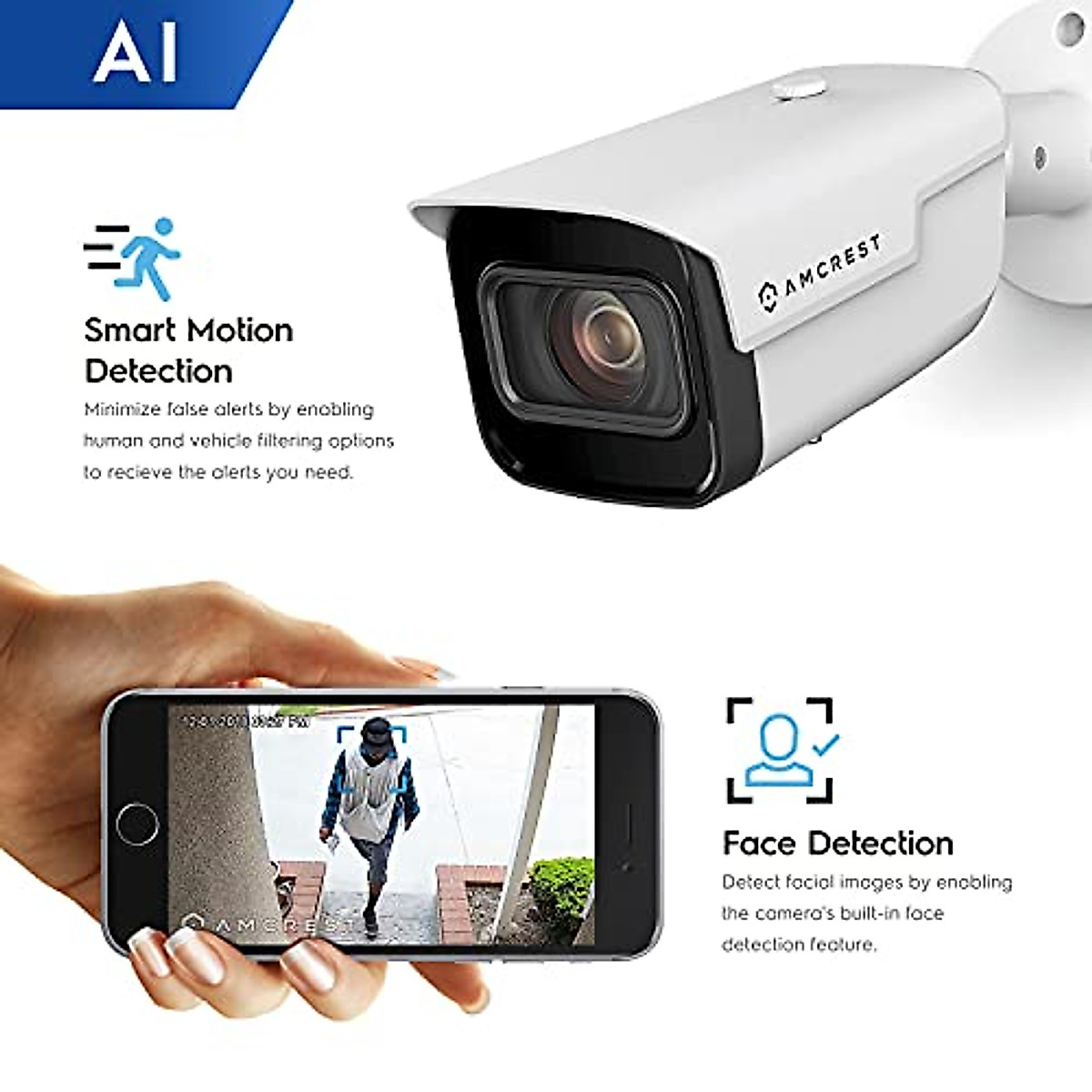 Amcrest 4K Optical Zoom AI IP PoE Camera, Varifocal 8MP Outdoor IP POE Camera Bullet, Face Detection, Human & Vehicle Detection, 2.7mm~13.5mm Lens, IP67, 5X Optical Zoom, (IP8M-VB2896EW-AI)