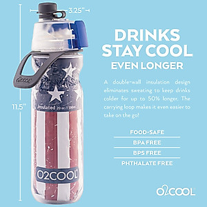 O2COOL Mist 'N Sip Misting Water Bottle 2-in-1 Mist And Sip Function With No Leak Pull Top Spout Reusable Sports Water Bottle - 20 oz (Patriot)