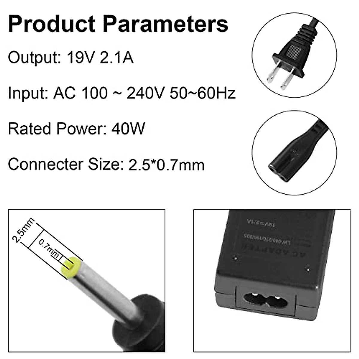 AC Adapter Power Charger for Asus Eee PC 1001HA 1001P 1001PX 1005H EXA0901XH 1005 1005HA 1005HA-A 1005HA-B 1005PR 1005HAB 1005HAG 1005HE 1005PE 1005HR 1008HA 1008HA 1008HAG 2.1A 40W
