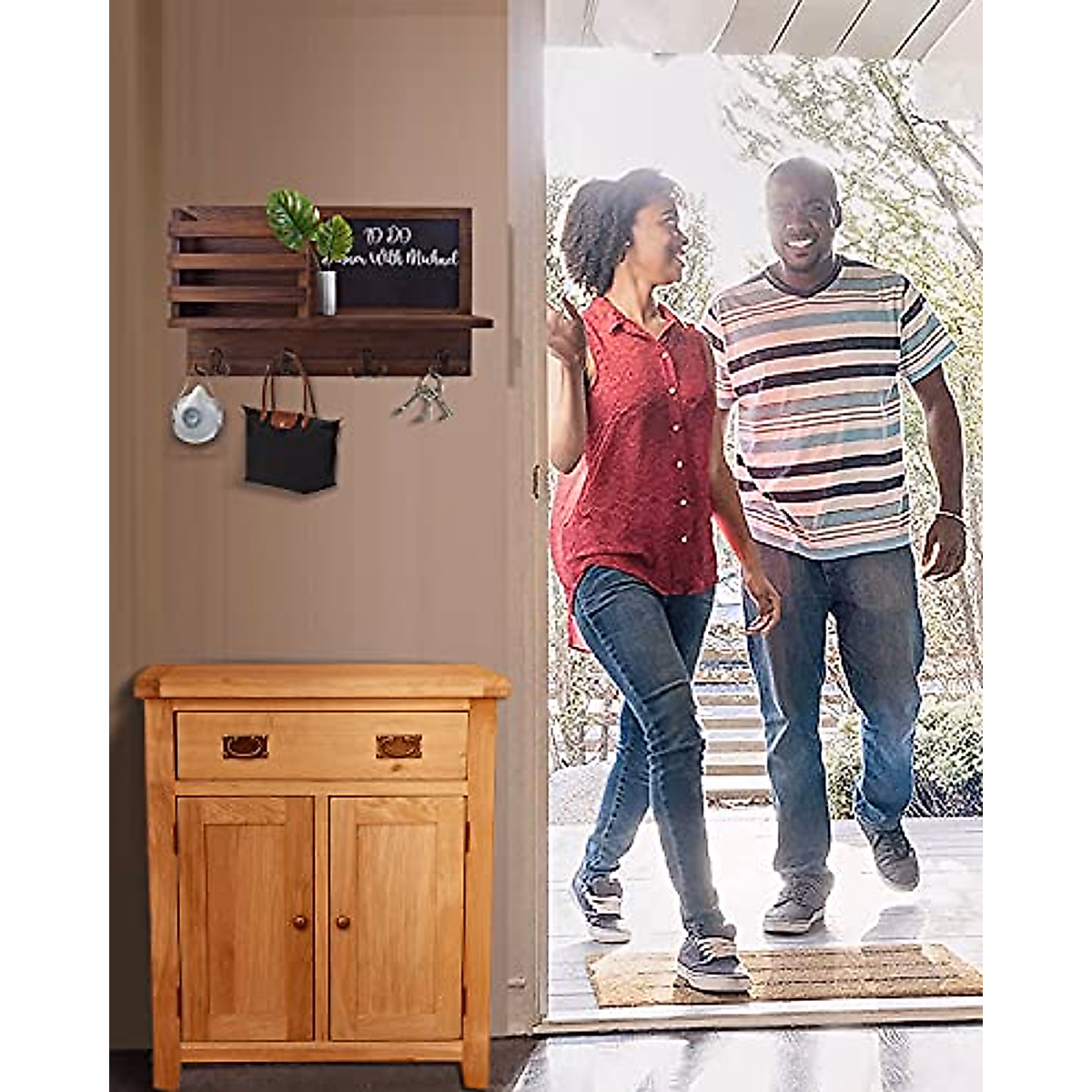 Megadream Key Holder for Wall, Front Door Organizer Wooden Mail Letter Holder Box, Key Ring Holder for Wall with Chalkboard, 4 Double Key|Coat|Bag Hooks