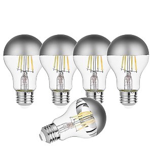 KarlunKoy Half Chrome LED Light Bulbs,Dimmable 6W (Equivalent 60Watt) Edison Bulbs,5500K Daylight White,A19 Dark Grey Dipped Anti-Glare LED Bulbs,Decorative Mirror Bulb,CRI 90+ E26 Base Pack of 5