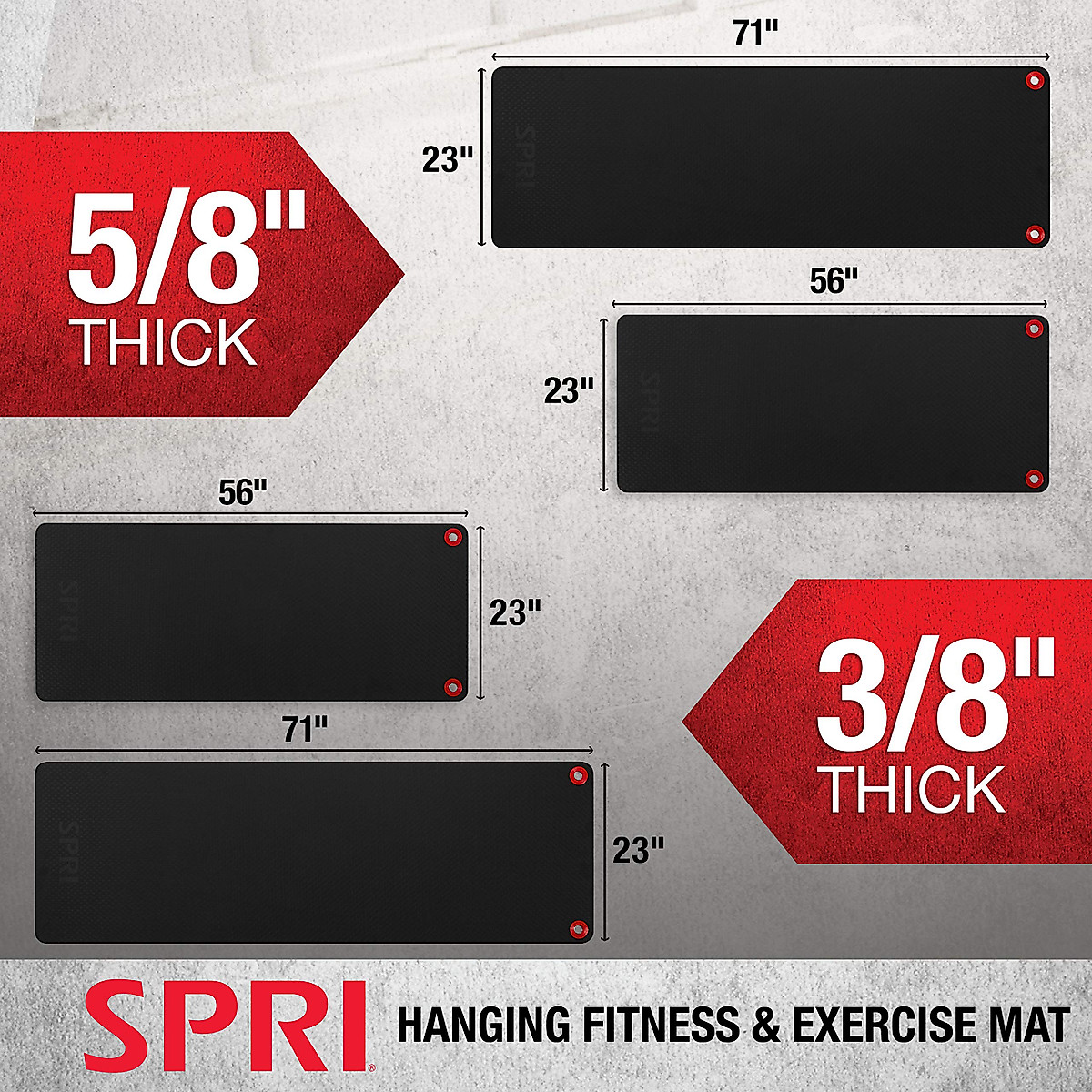 SPRI Hanging Exercise Mat, Fitness & Yoga Mat for Group Fitness Classes, Commercial Grade Quality with Reinforced Holes, 56" L x 23" W x 3/8" Thick