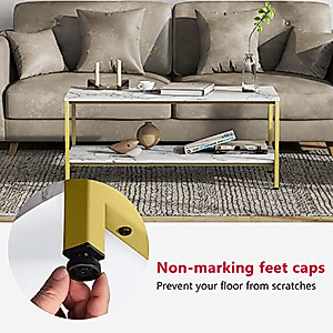 PrimeZone Coffee Table for Living Room - 2 Tier Rectangle Modern Coffee Table 21.5" D x 41" W x 18" H, Sofa Center Table with Gold Metal Frame, White Faux Marble