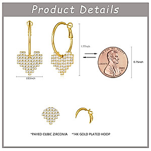 925 Sterling Silver Post Dangle Hoop Earrings for Women 14K Gold Plated Drop Hoops Pave Cubic Zirconia Big Heart-shaped Earrings for Women