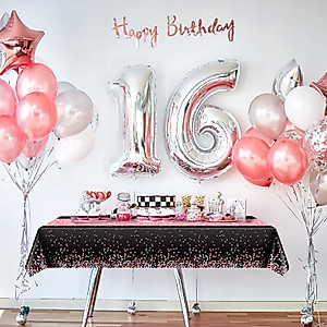 3 Pcs Black Sequin Tablecloth Dining Plastic Table Cover Rectangle Disposable Tablecloth for Graduation Birthday Wedding Anniversary Festive Cocktail Party Supplies, 54 x 108 Inch(Black and Rose Gold)