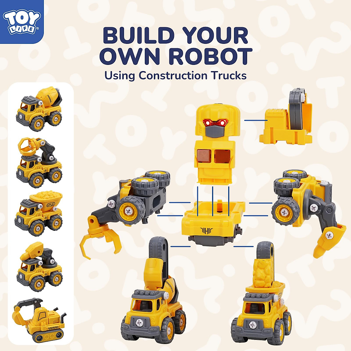 TOY Life Toys for 3 4 5 6 7 Year Old Boys Construction Vehicles Transform Robots Toys for Kids 5 in 1 Robot Toys for Kids 5-7 Construction Toys for Boy Vehicle Transformer Cars Best Gifts for Boys