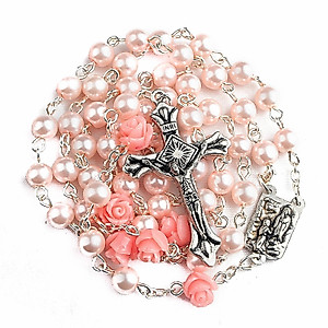 Nazareth Store Catholic Pink Pearl Beads Rosary Necklace Our Rose Flowers, Lourdes Medal & Cross NS