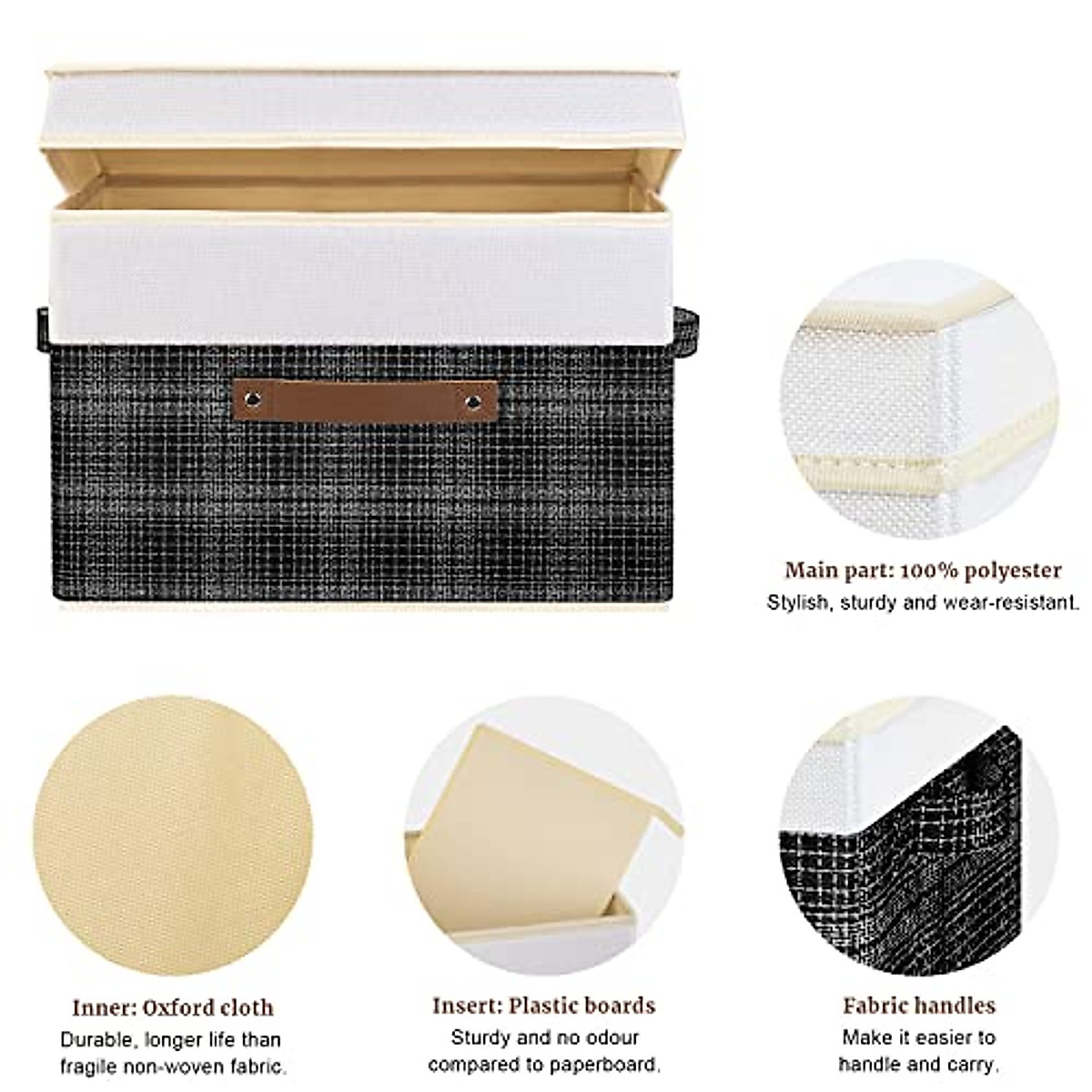 TYEERS Collapsible Storage Bins with Lids, Patchwork Design, Washable, Fabric Decorative Storage Boxes for Organizing, 14.9x9.8x9.8 inches, 3 Pack, Black