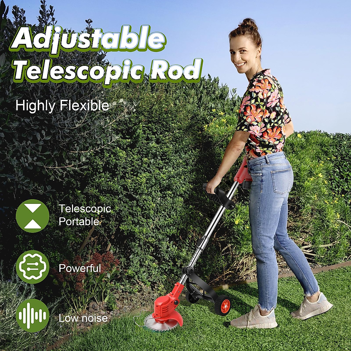 Tree.Nb Weed Trimmer with Battery Powered,3 in 1 Cordless Mower, 2 X 2.0ah Battery Operated Wheel, Mower Suitable for Garden and Yard
