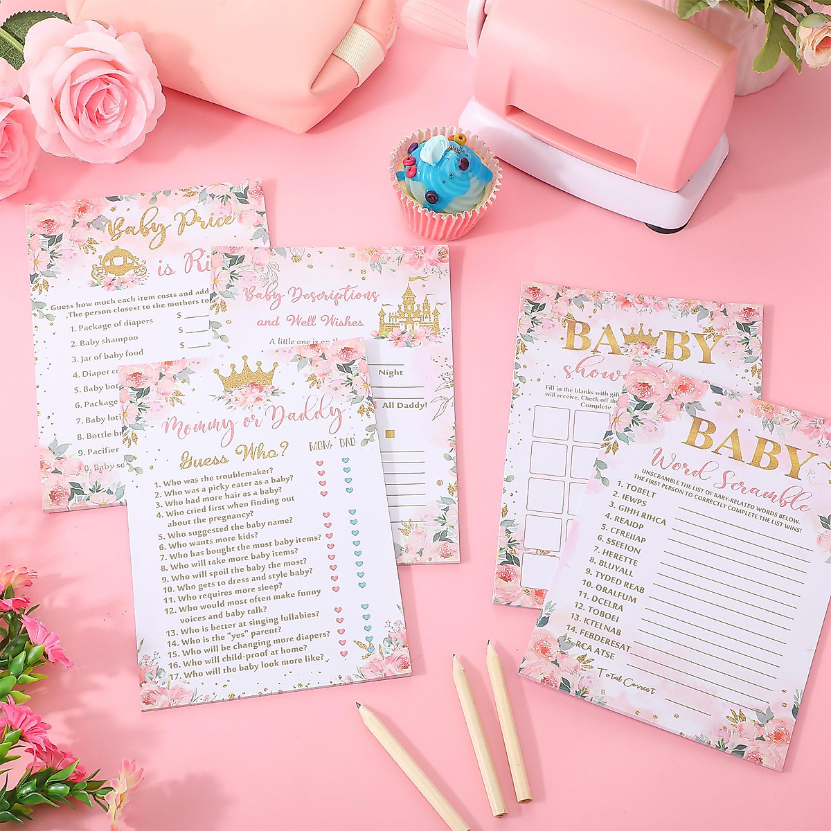 Fumete 125 Pcs Princess Baby Shower Games for Girls 5 Games Cards with 20 Pencils Baby Shower Activities Include Guess Who, Baby Descriptions and Well Wishes, Baby Price, Bingo Game