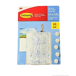 3M Command Clear Indoor Mini Hooks, 60 Hooks & 64 Strips